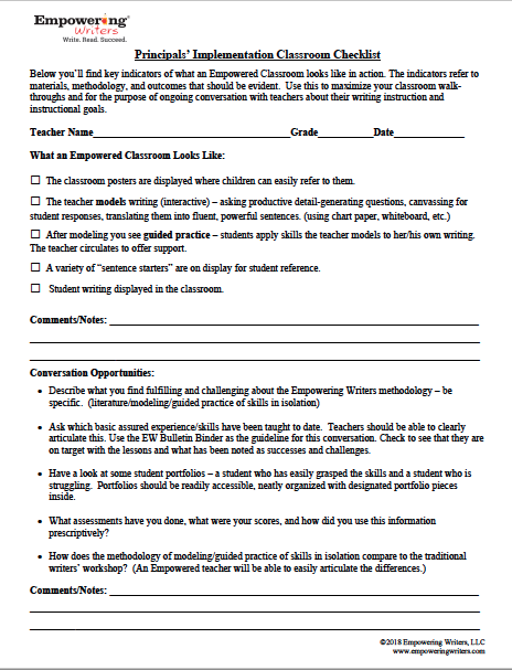Principals’ Implementation Classroom Checklist