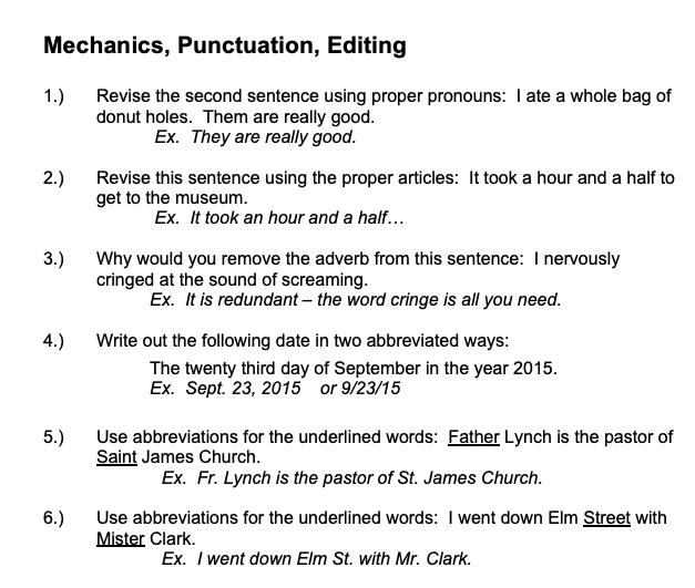 Quick Writes – Mechanics, Punctuation, Editing