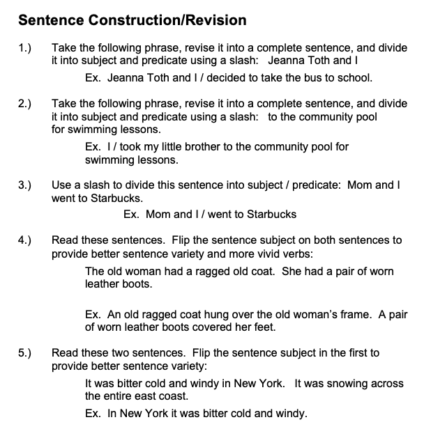 Quick Writes – Sentence Construction / Revision